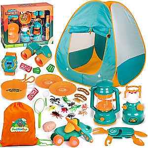 FUN LITTLE TOYS Kids Camping Set with Pop Up Play Tent Camping Toys with Battery Lantern and Drawstring Bag Indoor Outdoor Pretend Play, Birthday Gifts for Boys and Girls