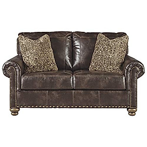 Signature Design by Ashley Nicorvo Vintagel Faux Leather Loveseat with Gold Nailhead Trim, Brown