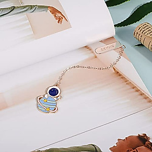 Beadthoven 8pcs Space Theme Metal Bookmarks with Chain Metal Enamel Charms Cute Astronaut Planet Rocket Metal Book Marker Page Clip Pendants for Student Kids School Office Book Reading Supplies