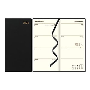 Letts of London Signature Weekly/Monthly Planner, 12 Months, January to December, 2024, Bonded Leather, Slim Size, 6.625" x 3.25", Black (C38SUBK-24)