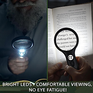 SeeZoom Lighted Magnifying Glass 3X 45x Magnifier Lens - Handheld Magnifying Glass with Light for Reading Small Prints, map, Coins and Jewelry - LED Magnifying Glass