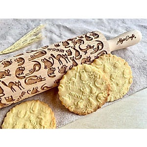 MEOW CATS EMBOSSING ROLLING PIN WOODEN HANDMADE ROLLING PIN with CATS GIFT FOR CAT LOVERS