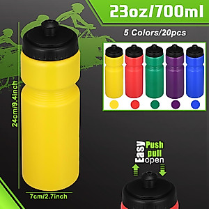 Sunnyray 20 Pcs Sports Water Bottle 23 oz Reusable Squeeze Water Bottles Blank Plastic Water Bottles with Leakproof Pull Top Cap for Kids Adults Sports Fitness Bike DIY, Dishwasher Safe, 5 Colors
