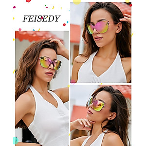 FEISEDY Cat Eye Sunglasses Polarized for Women Men，Rimless Mirrored Sunglasses, Oversized, Trendy Retro Sun Glasses B2796 Transparent Pink/Pink Mirror