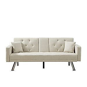 Eafurn Linen Upholstered Convertible Folding Futon Bed, Button Tufted Loveseat Compact Living Space, Apartment, Dorm, Bonus Room w/Metal Legs, 2 Cupholders,Comfy Sofa & Couches, Beige 75.59"