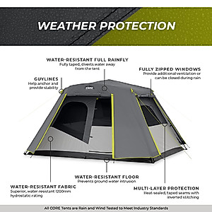 CORE 6 Person Instant Cabin Tent | Large Multi Room Tent for Family with Full Rainfly for Weather Protection and Storage for Camping Accessories | Portable Tent for Car Camping with Carry Bag