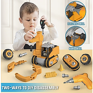 JIFTOK Constrcution Truck Toy Car for 3 4 5 6 7 8 Year Old Boys, Take Apart Toys with Electric Drill, Building Toy Playset with Excavator Toy, Tractor Toy for Kid 3-5 4-8 Christmas Birthday Gifts