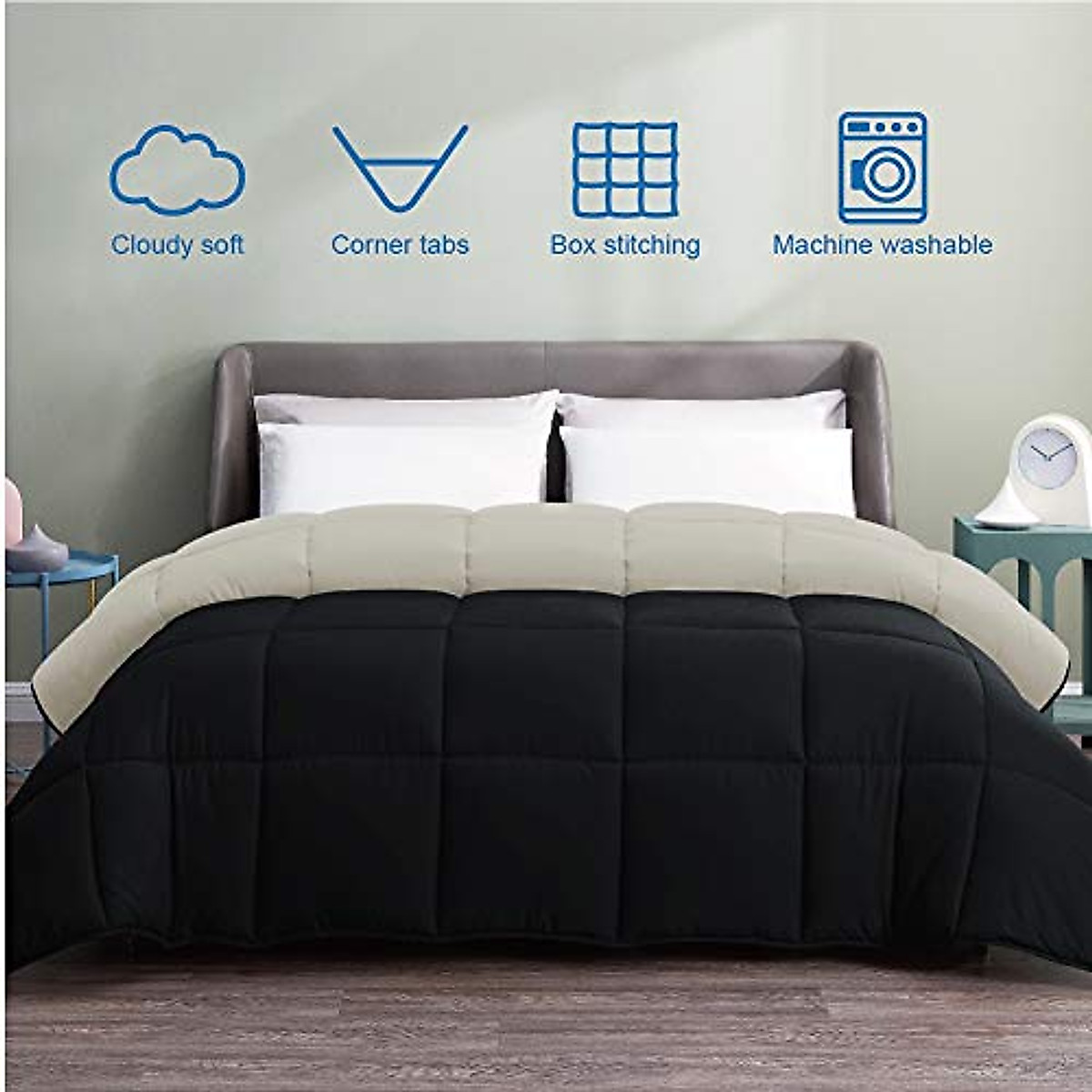 ART DEMO Reversible Down Alternative Quilted Comforter, Hypoallergenic & Lightweight for Spring, Duvet Insert with Corner Tabs, Twin Size, Black/Grey