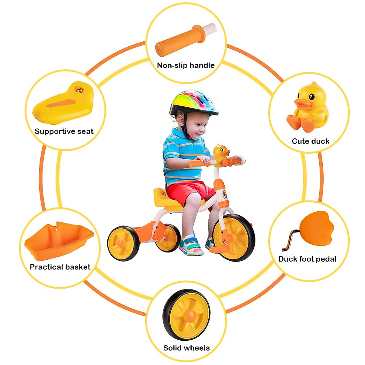 Toddler Tricycle Outdoor Trike for 1-3 Years Old with Storage Bin, Cute Riding Toys Gift for Girls Boys, Carbon Steel Frame and Silent Wheels (Yellow)