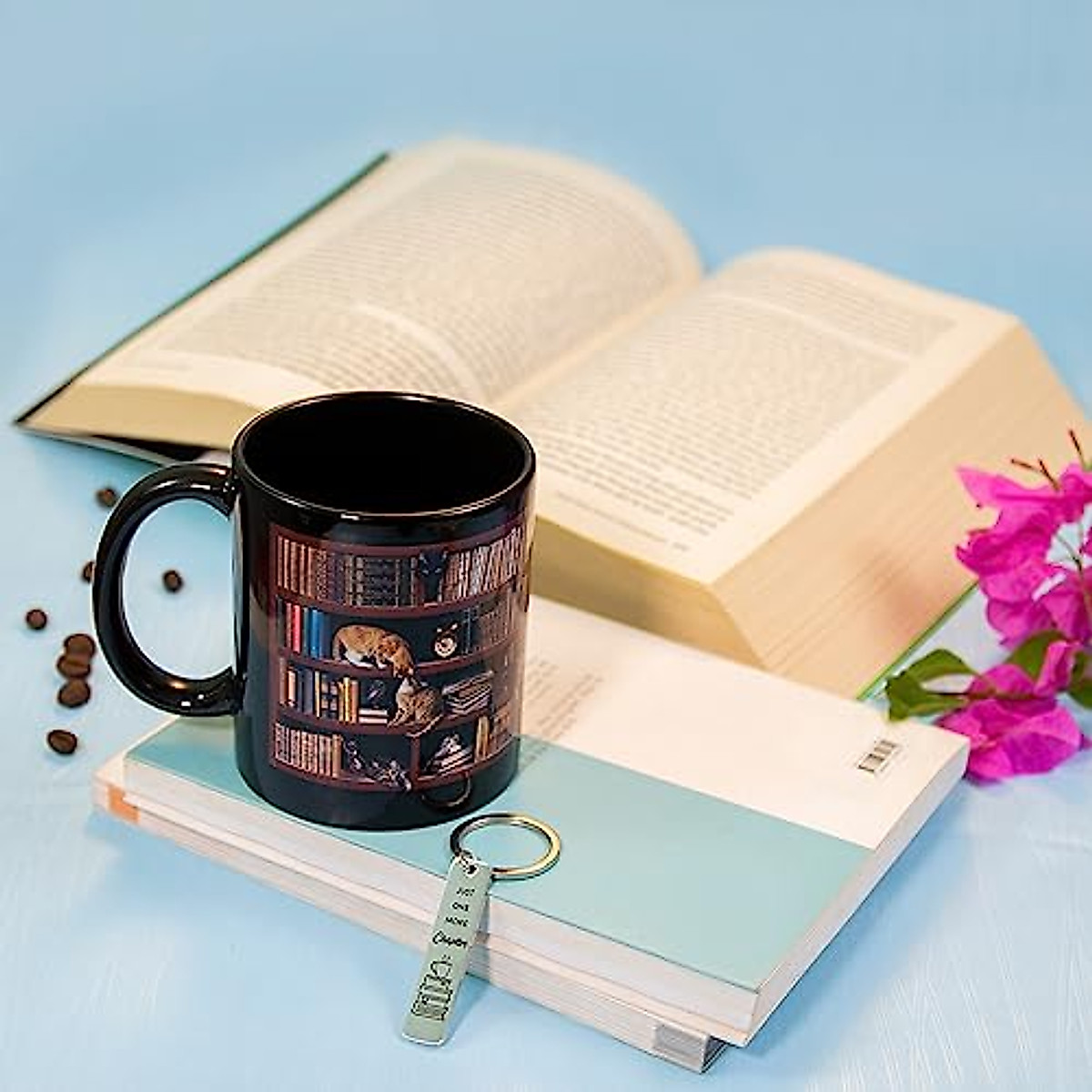 Kovan Library Bookshelf Mug Book Lovers Coffee Mug Library Mug for Cat and Book Lover Book Coffee Mug Book Mug Bookworm Mug Book Club Cup - Gifts for Readers Bookish Black Mug 11Oz With Keychain