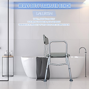 Lalurten Bathtub Transfer Bench with Height Adjustable Legs Tub Transfer Bench Shower Chair with Backrest & Armrest Convert to Right/Left Hand Entry Transfer Bench for Bathtub Support 330 lbs (Grey)