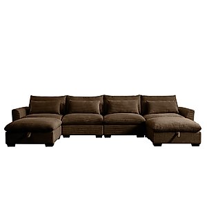 GoDoco Wide Body Modular Corduroy Sectional Sofa Set, U-Shape and L-Shape Deep Seating Couch with Storage Ottomans and Waist Pillows (Brown, 4-Seater + 2 * Ottoman)