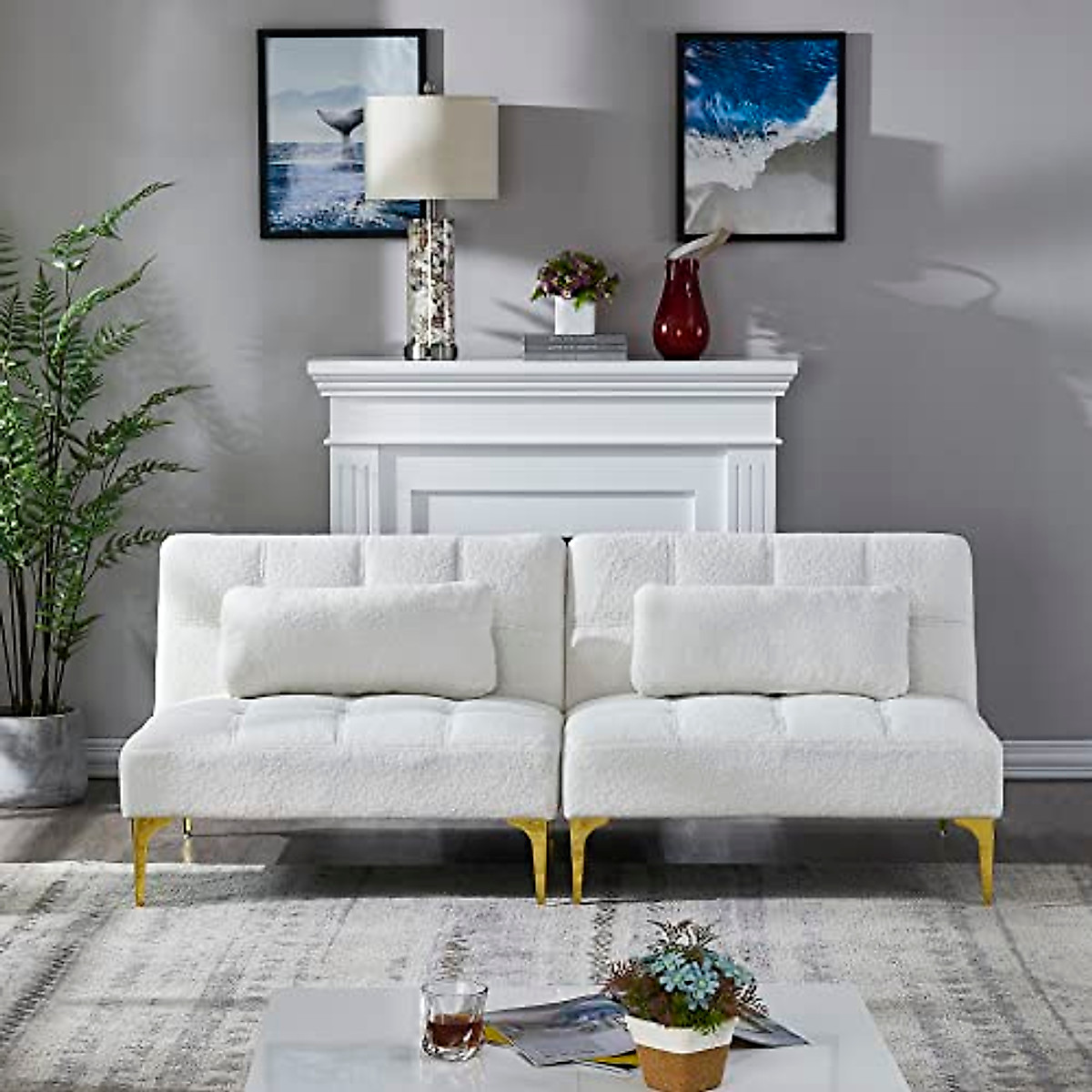 Convertible Couch Bed Futon with Gold Metal Legs, Modern Multi-Functional Convertible Sofa Bed, Teddy Fabric, Small Sectional Sofa, Perfect for Living Room, Bedroom, Office, Apartment (White)