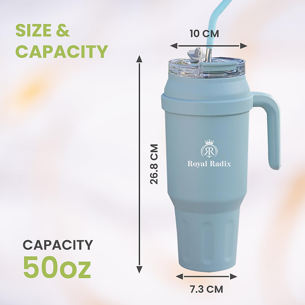 Royal Radix 50 oz Tumbler with Handle, 2 in1 Straw and Lid, Stainless Steel,Traveling Mug, maintain Cold for 24 Hours Hot 12H, Leakproof and Dishwasher Safe