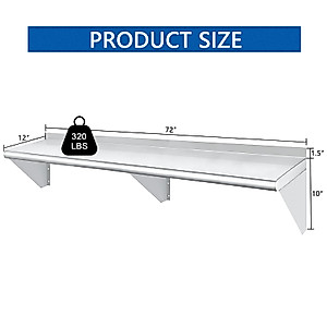 HARDURA Stainless Steel Shelf 12" x 72", 320lb Commercial Shelves Wall Mount Metal Shelving with Backsplash and Brackets for Kitchen, Restaurant, Laundry Room and Home