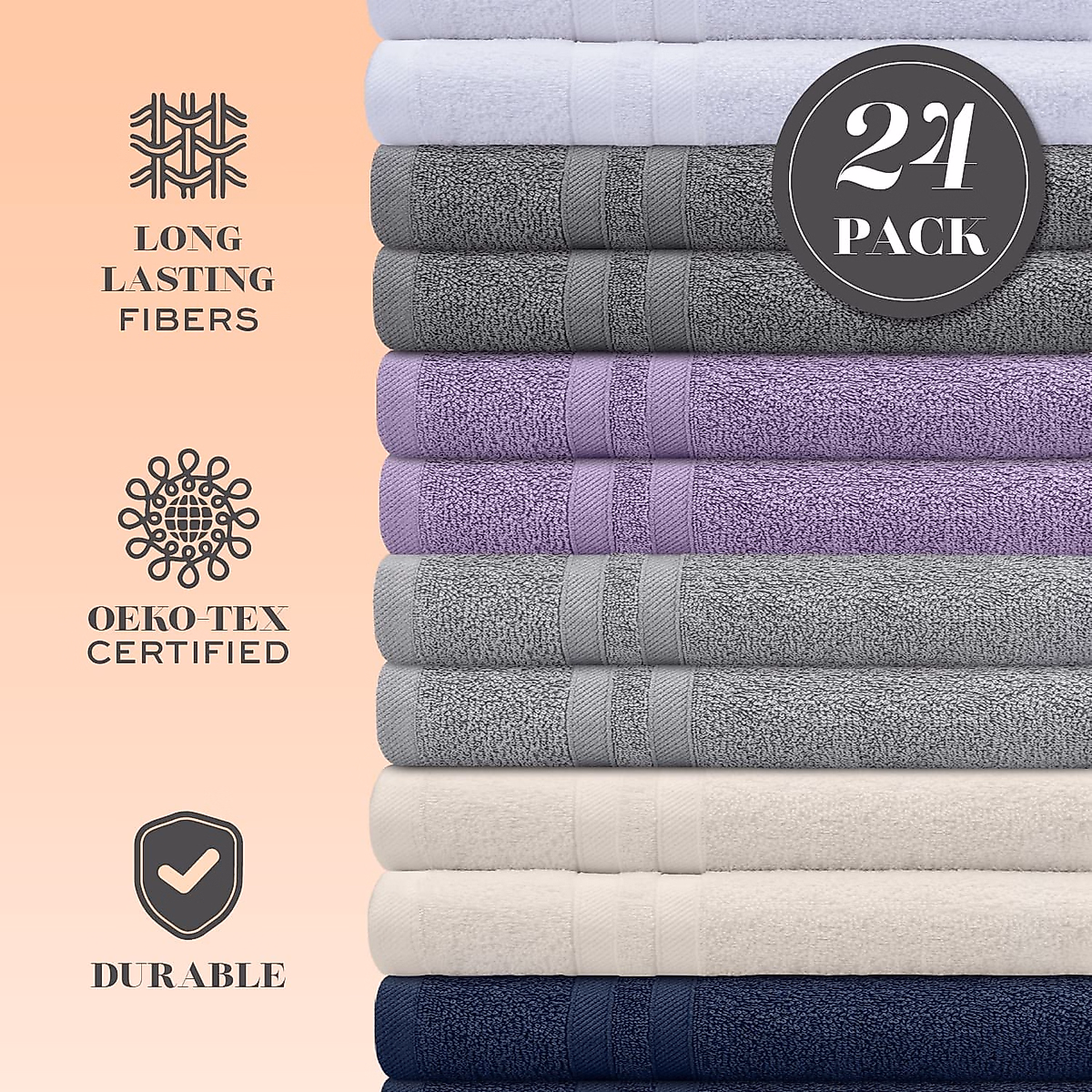 White Classic Wealuxe Cotton Washcloths - Soft Absorbent Bathroom Face Towels - 12x12 Inch - Multi - 24 Pack