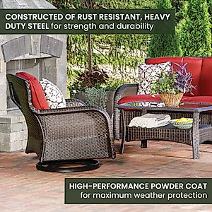 Hanover Strathmere Outdoor 4-Piece Conversation Set w/ Loveseat, 2 Swivel Chairs, Thick Red Cushions, 4 Accent Pillows and a Glass-Top Coffee Table, Patio Conversation Set for Backyard, Deck, Porch