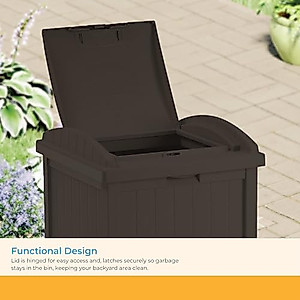 Suncast 33 Gallon Durable Plastic Hideaway Outdoor Garbage Can with Secure Lid and Wicker Design for Home Backyards, Decks, or Patios, Java Brown