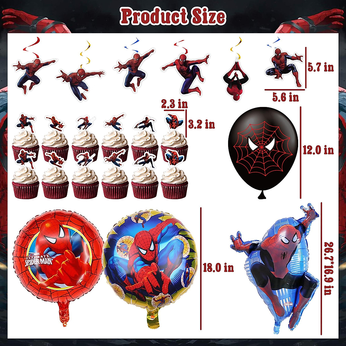 Spider Birthday Party Supplies, Spider Birthday Party Decorations Include Backdrop, Birthday Banner, Hanging Swirls, Spider Balloons, Cupcake Toppers, Tablecloth