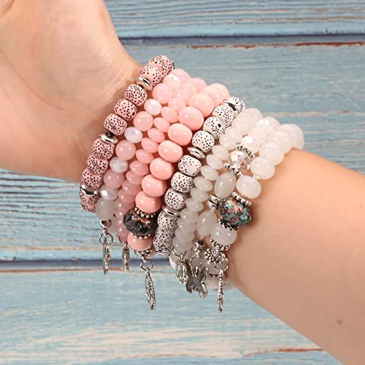 6 Set Butterfly Bracelets for Women and Teen Girls Multilayer Beads Tassel Stretch Bracelet Charm Boho Colorful Jewelry