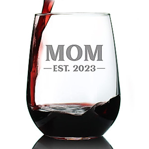 Mom Est 2023 - New Mother Stemless Wine Glass Gift for First Time Parents - Bold 17 Oz Large Glasses