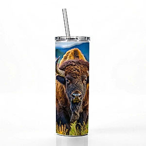 Bison Buffalo Skinny Tumbler 20oz with Straw Insulated Water Bottle Gift