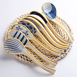 Soup Spoons Ceramic Large Asian Soup Spoon Set of 8 Ramen Spoons Korean Style Long Handle Spoons for Pho Noodles Dumpling Miso Dessert Cereal (Style 1)