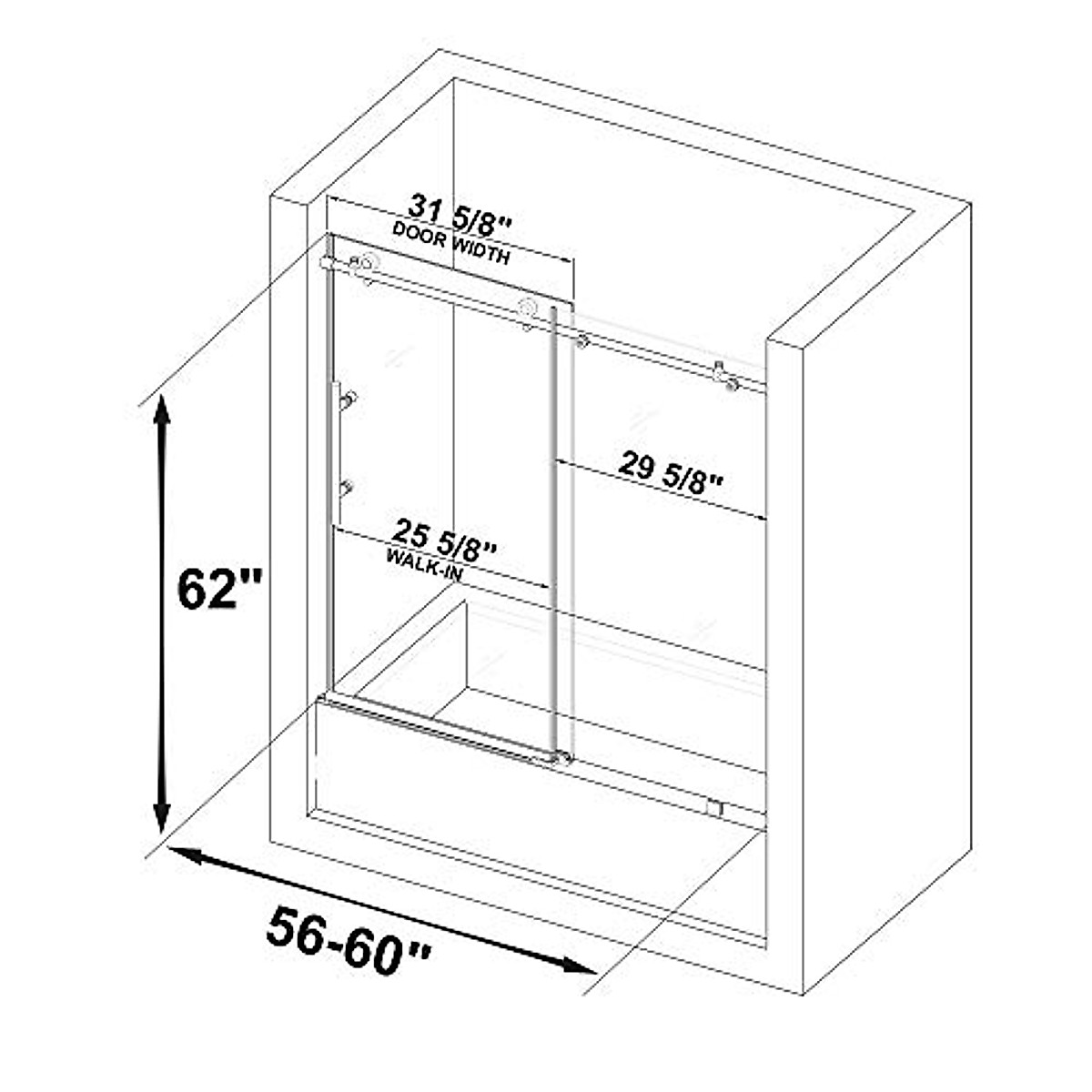 WOODBRIDGE Frameless Bathtub Shower Doors 56-60" Width x 62" Height with 3/8"(10mm) Clear Tempered Glass in Matte Black Finish