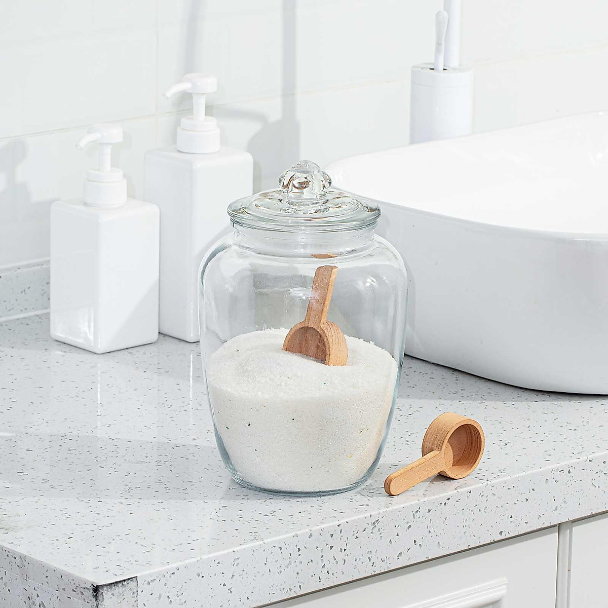 SiliFine 2 Sets 74 oz Bath Salt Container with Airtight Lid and Scoop Big Glass Bath Salt Jar with Wooden Scoop for Bath Salt Flour Salt Candy Tea (Clear)