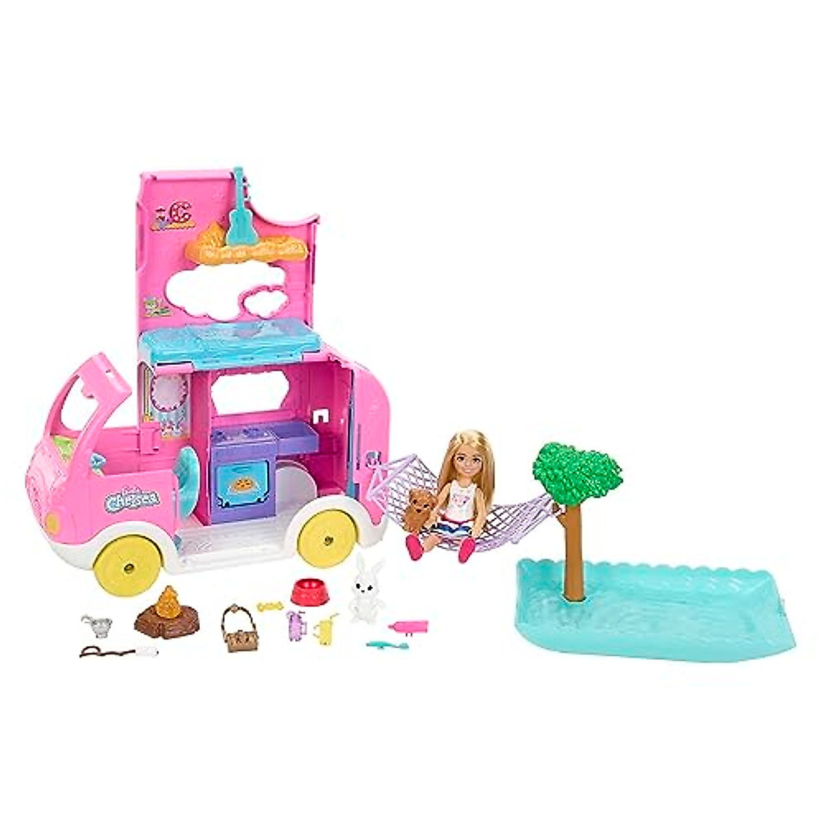 Barbie Toy Camper & Chelsea Doll, 2-in-1 Playset with 2 Pets & 15 Accessories, Vehicle Transforms into Camp Site (Amazon Exclusive)