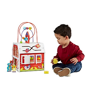 Melissa & Doug First Play Slide, Sort & Roll Wooden Activity Barn with Bead Maze, 6 Wooden Play Pieces (11.75” x 11.75” x 20” Assembled)