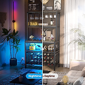 Unikito Wine Bar Cabinet with RGB LED Light and Outlet, FreeStanding Wine Rack Table, Floor Liquor Cabinet with Glass Holder, Floor Bar Cabinet with Wine Rack for Home Kitchen Dining Room, Black Oak