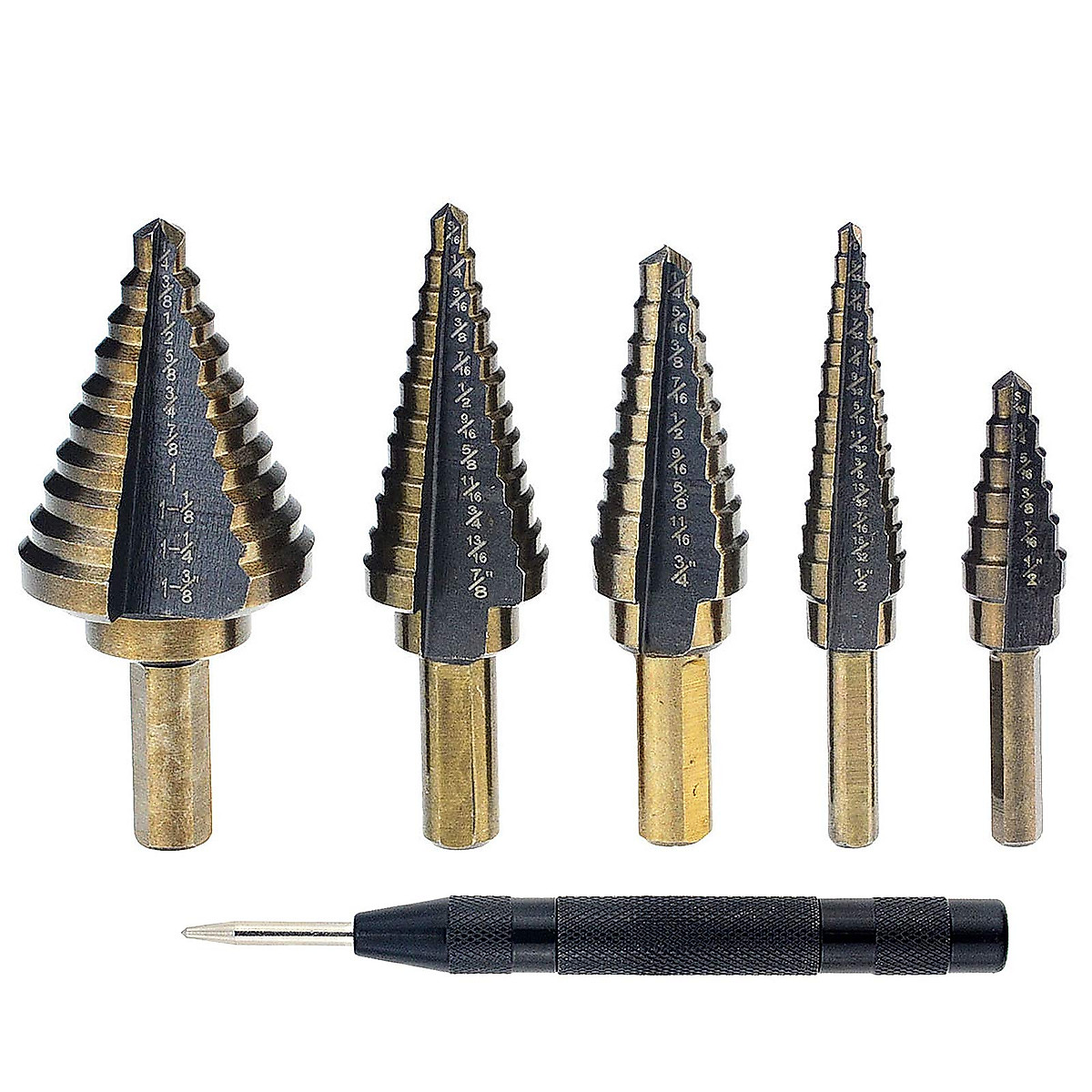 5PCS Step Drill Bit Set with a Automatic Center Punch Including 50 Sizes Hole Choices