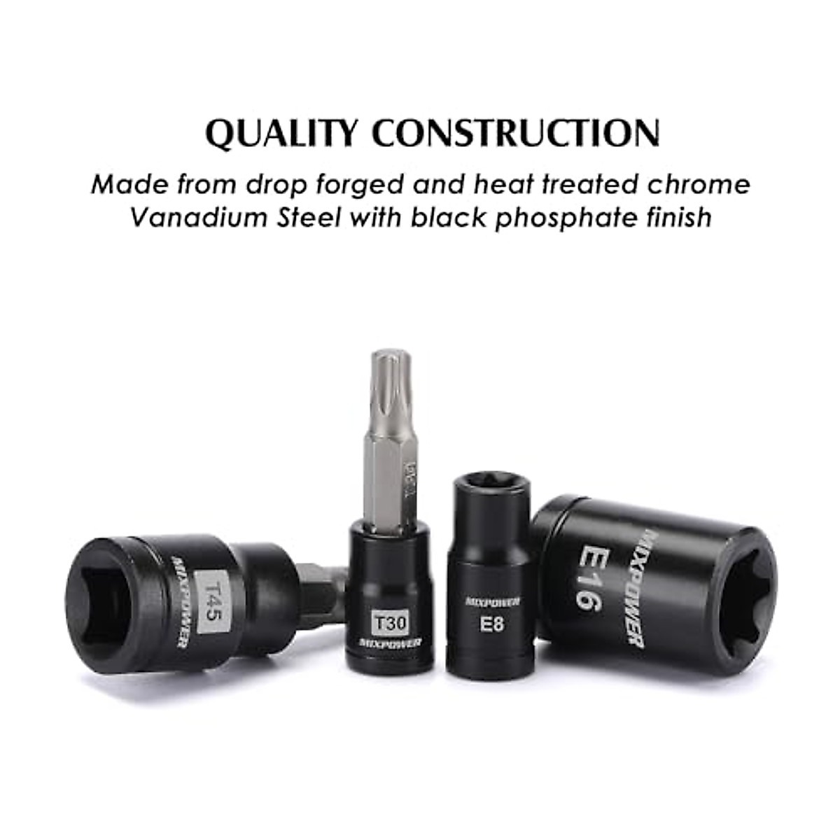 MIXPOWER 25 Piece Torx Bit and Socket Set, 13 Star Bits (T8- T60) & 12 E-Torx Sockets (E4-E22), Professional Grade Auto & Motorcycle Mechanic Set