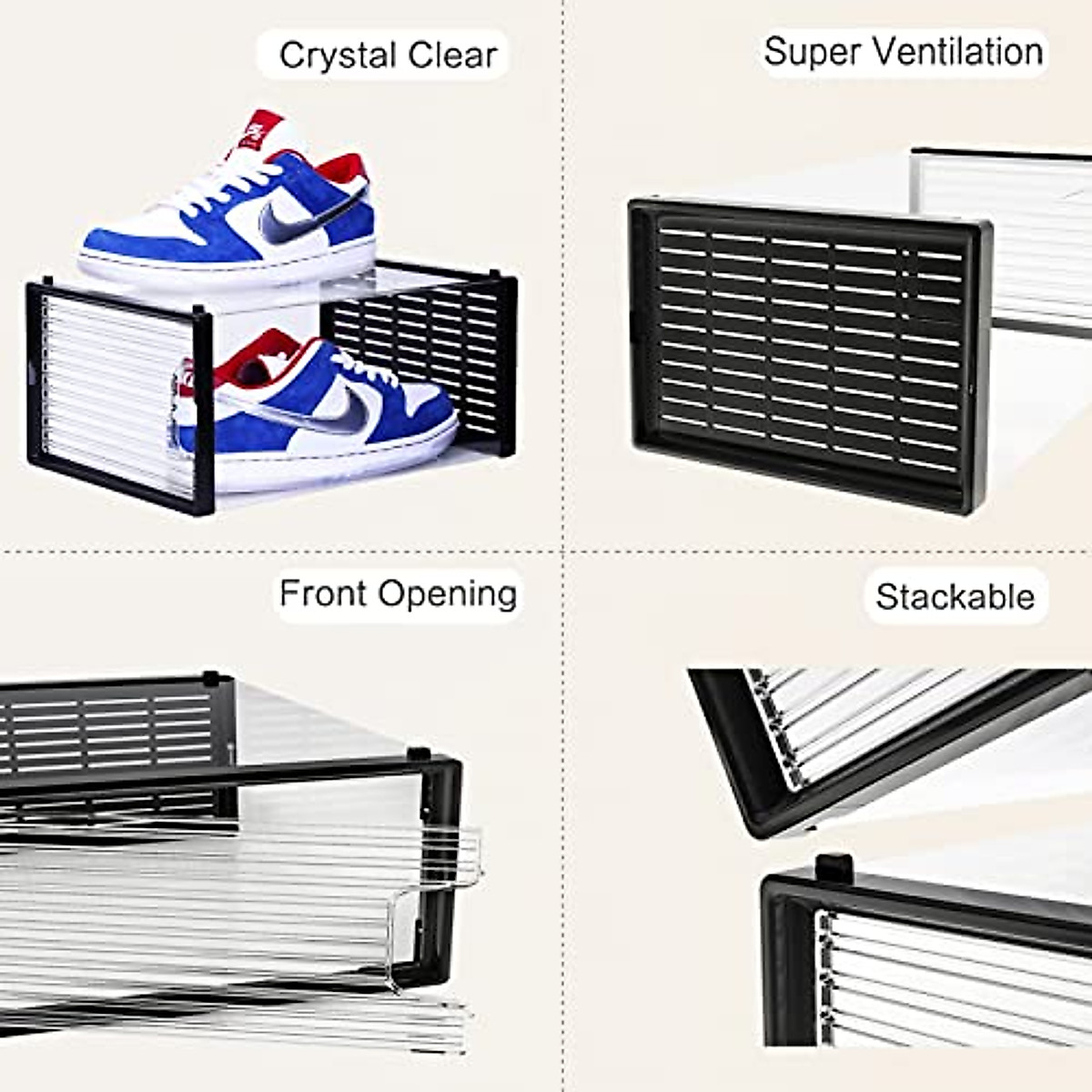 6 Pack Large Shoe Box Clear Plastic Stackable - Upgrade Shoe Organizer - Crystal Clear Shoe Storage Boxes - Premium Clear Shoe Boxes Stackable - Shoe Organizer for Closet -Sneaker Storage - Stackable Shoe Box Containers Bins Case White-Cajas Para Zapatos