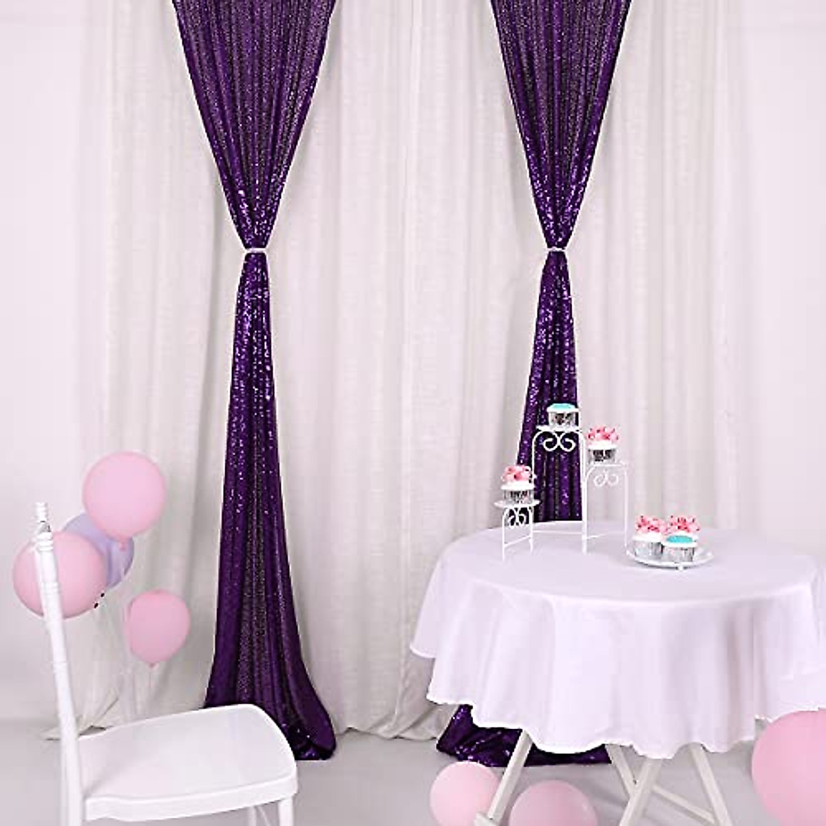 HELAKU Purple Sequin Backdrop Curtains - 2 Panels 2.3x8Ft Purple Glitter Background Backdrop Sparkly Curtains for Birthday Wedding Party Decorations