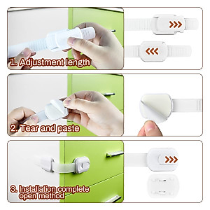 6 Pack Baby Safety Strap Locks Child Proof Locks with Adhesive Pads, Easy Installation, No Drilling, Adjustable Strap Latches for Drawers, Toilet, Fridge, Dishwasher (White)