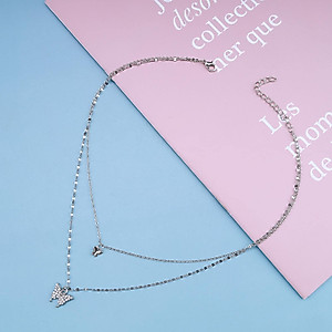 Allereyae Vintage Layered Crystal Butterfly Necklace Rhinestone Butterfly Pendant Necklace Double Butterfly Choker Necklace Silver Lace Chain Necklace Jewelry for Women
