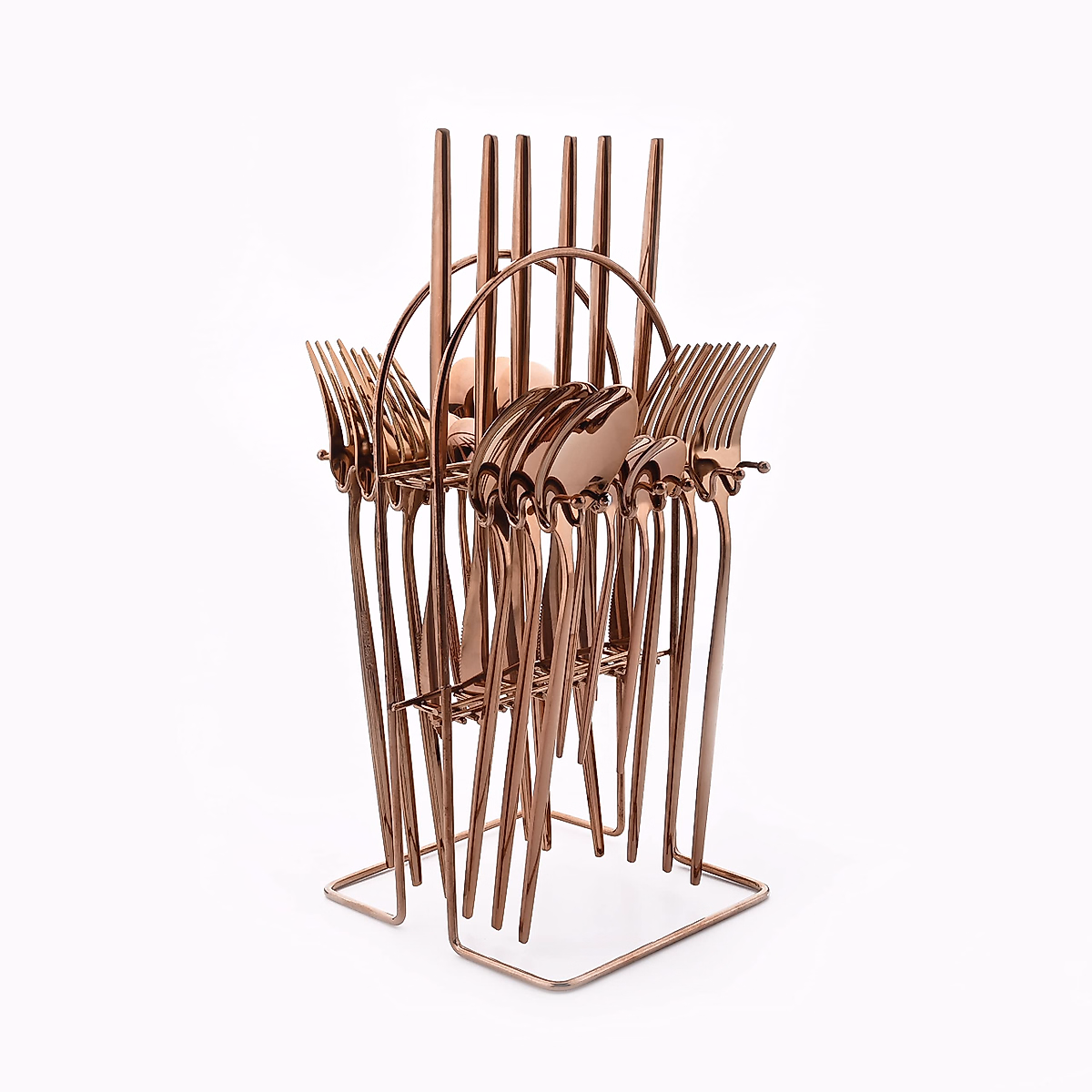 24 PCS Hanging Silverware Sets with Holder, Uniturcky Rose Gold Stainless Steel Eating Utensils Set with Flatware Rack, 6 x Dinner Fork, 6 x Table Knife, 6 x Soup Spoon, 6 x Teaspoon, 1 x Cutlery Rack