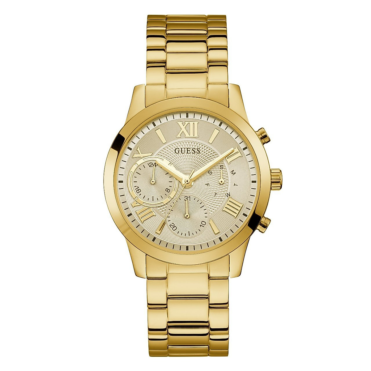 GUESS Classic Gold-Tone Stainless Steel Bracelet Watch with Day, Date + 24 Hour Military/Int'l Time. Color: Gold-Tone (Model: U1070L2)