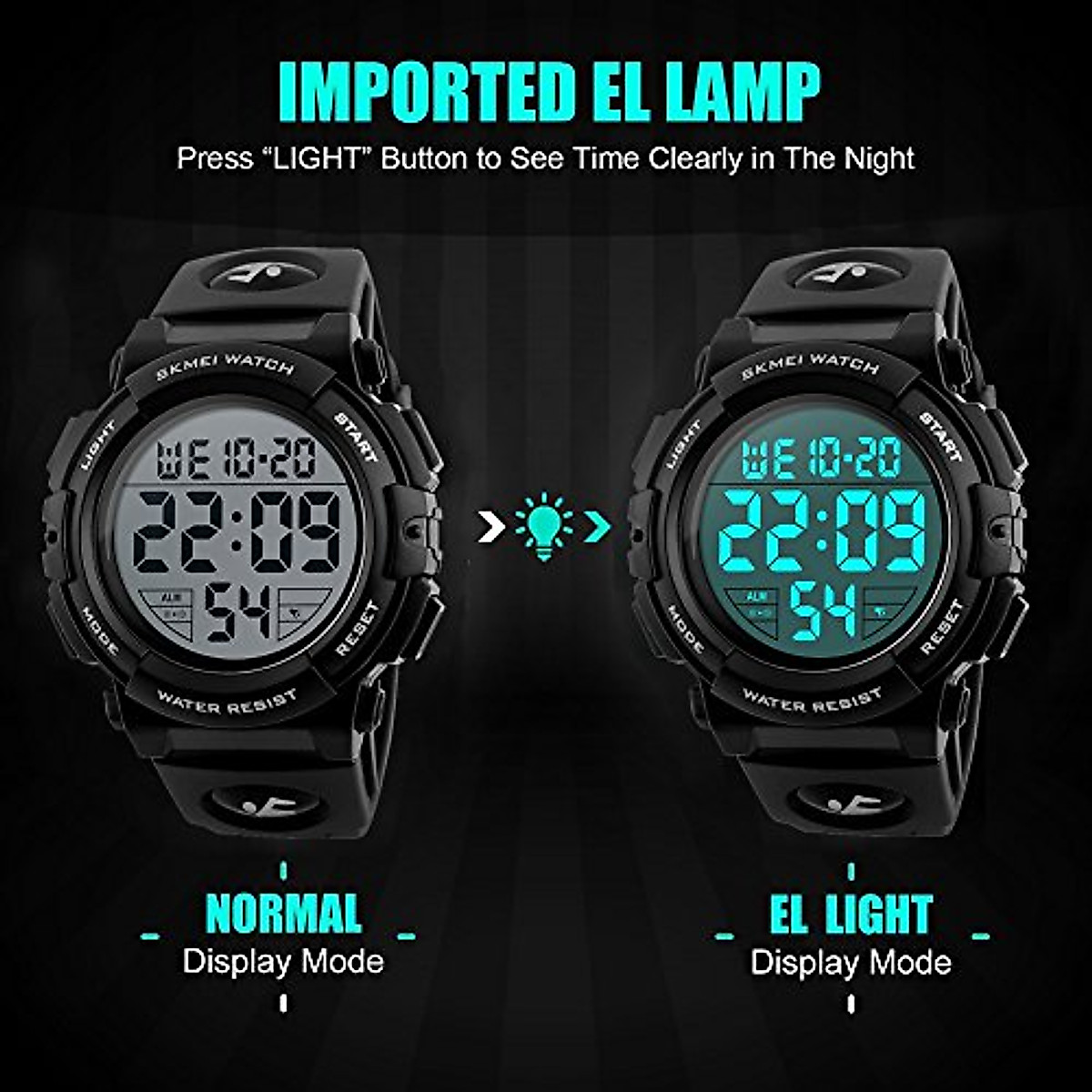 SKMEI Mens Big Dial Digital Watch Waterproof LED Chronograph Alarm Clock, Black, Strap