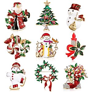 Yaomiao 9 Pieces Christmas Pin Brooch for Women Rhinestone Crystal Christmas Element Pins Snowman Bells Christmas Trees Jewelry Pins for Xmas Decorations (Elegant Style)