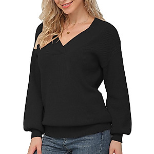 Feiersi Women's Off Shoulder Sweater Long Sleeve Loose Tops V-Neck Pullover Knit Jumper(Black,X-Large)