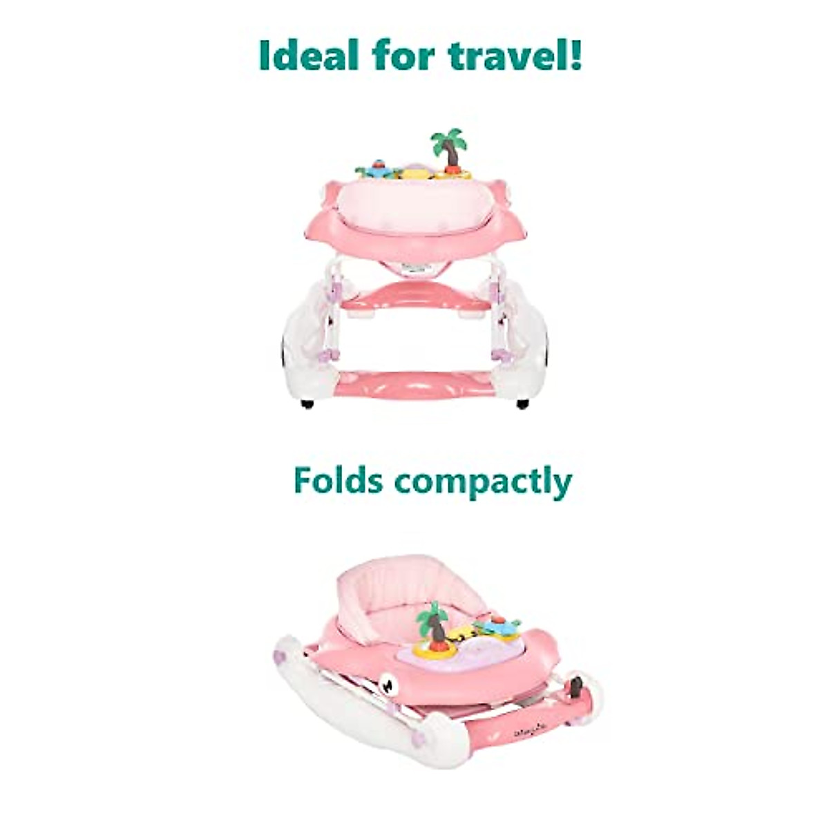 Dream on Me 2-in-1 Aloha Fun Baby Walker in Pink, Easily Convertible Baby Walker, Adjustable Three Position Height Settings, Easy to Fold and Store