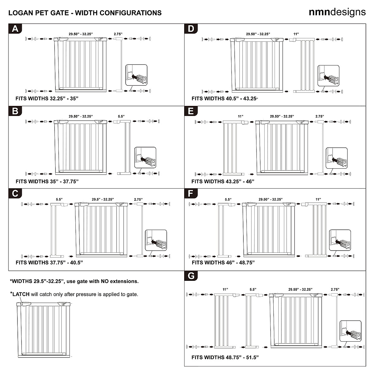 NMN Designs Logan Dog Gate - Indoor Pet Barrier and Wooden Dog Gate with Walk Through Swinging Door - Pressure Mounted for Walls and Stairs - Puppy Gates for The House - Expandable 29.5" to 51.5"