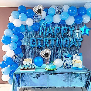 Blue Birthday Party Decorations Set with Blue Happy Birthday Balloons Banner, Confetti and Latex Balloon, Heart Star Foil Balloon, Foil Fringe Curtain for Blue Theme Birthday Party Supplies