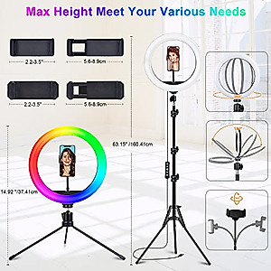 STALLY 10.2" Ring Light with Stand, 62" Tall Selfie Ring Light with Phone Holder and Wireless Remote, 12 Dimming Levels, 32 Color Modes Led Ring Light for Phone, Live Stream, Makeup, YouTube, TikTok