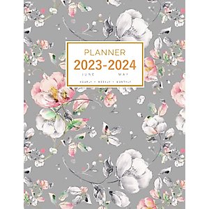 Planner June 2023-2024 May: 8.5 x 11 Large Notebook Organizer with Hourly Time Slots | Beautiful Watercolor Flower Design Gray