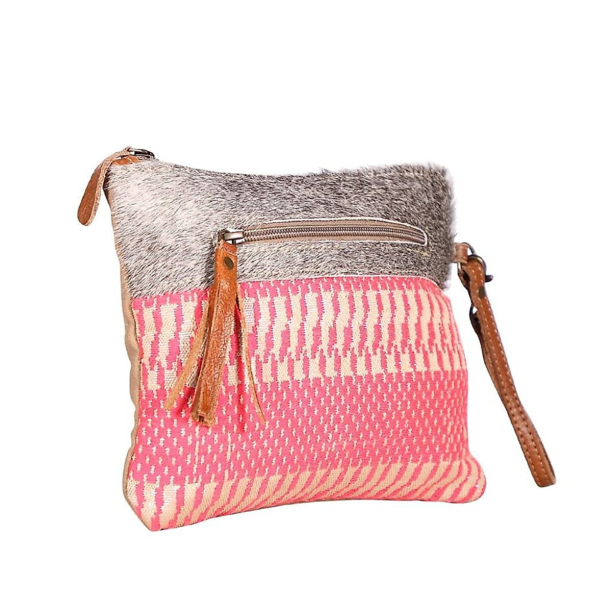 Myra Bags Charismatic Pink Canvas, Rug, Leather & Hairon Pouch Wristlet S-1944