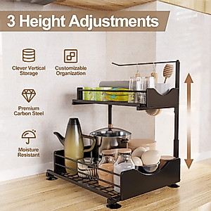 Oppro 2 Tier Under Sink Organizers and Storage Pull Out Cabinet Organizer, Upgrade 3 Height Adjustments with Sliding Metal Drawers, Multi-Use Shelf with rotating rack for Kitchen Bathroom Laundry